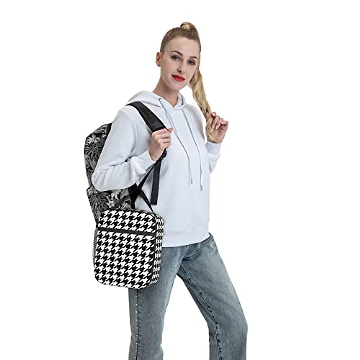 TGUBJGV Black and White Houndstooth Unisex Lunch Bag Tote Meal Bag Reusable Insulated Portable Lunch Box Handbags