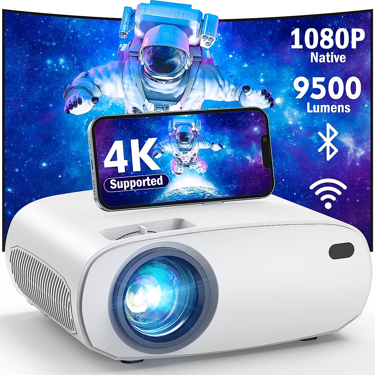 [Upgraded] WiFi Bluetooth Projector 4K Support, 9500L Native 1080P Outdoor Movie Projector for iPhone Andriod, 300" Display Video Projector Compatible TV Stick, Phone, Computer