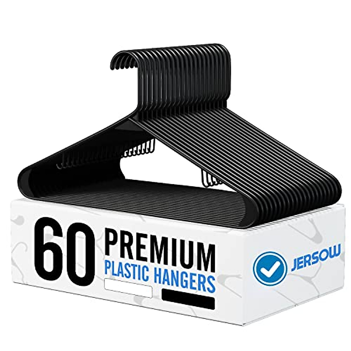 Jersow Black Plastic Hangers 60 Pack, Clothes Hangers Space Saving, Heavy Duty Coat Hangers for Closet, Non Slip Clothing Hangers with Hooks, Black Hangers for Coat, Shirt, Short, Suits