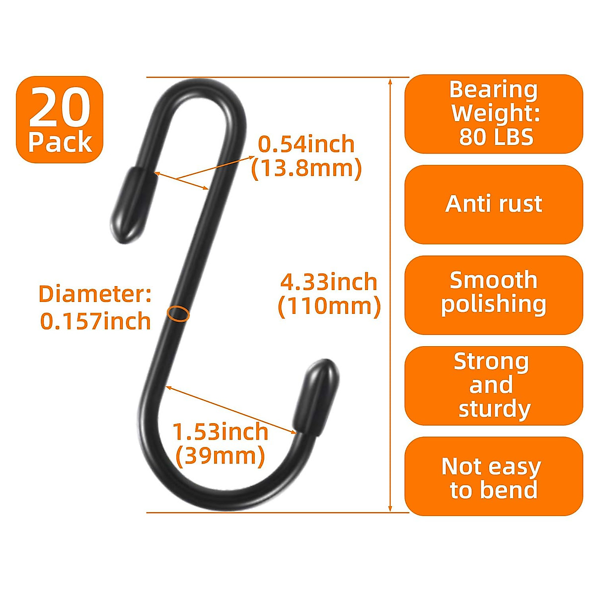 PENGBGOOL 4.3 inch Shower Door Hooks, 20 Pack Shower Glass Door Hooks, S Hooks for Hanging, Heavy Duty S Shaped Hooks for Wire Shelving, Garage, Garden, Bathing Suits, Robe, Towel, Squeegee