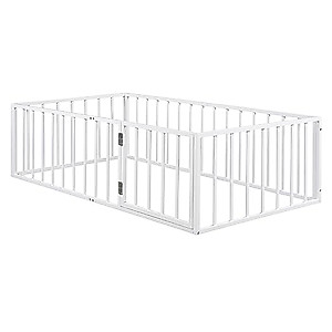 NCKMYB Kids Floor Bed Twin Size, Metal Montessori Bed with Rails and Door, Low Toddler Bed for Boy Girl, White