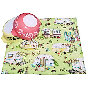 Camping Scenes on Green Coffee Station Mat - Dish Drying Mat - Pet Placemat - Appliance Mat - Camper Mat - 16 x 20 Inches - Handmade by Green Acorn Kitchen