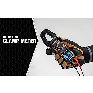 Southwire 21510N clamp meter; third-hand test probe holder; 400A AC current range; CAT III 600V safety rating; built-in non-contact voltage detector; 5 year warranty; Black Brown