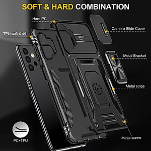 DNTMZIN for Galaxy A13 5G Case,Military Grade Protective Phone Case Cover with Enhanced Metal Ring Kickstand, with Slide Camera Cover,Shockproof Phone Case-Black2-GA13-01