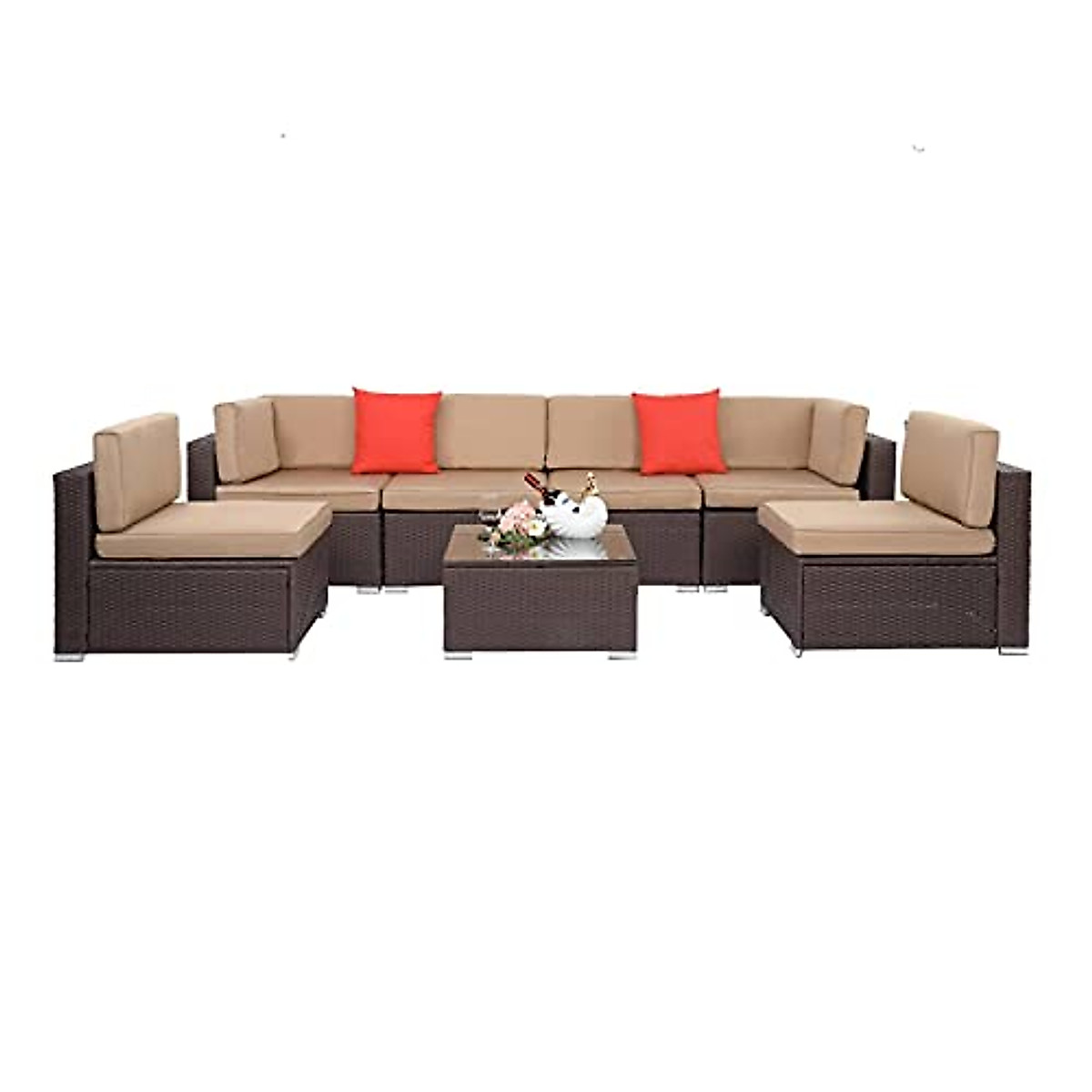 New Outdoor Courtyard Modular Furniture Set 7-Piece Rattan Sofa, Rattan Garden deep seat Dialogue Sofa with seat Cushion Tempered Glass Table