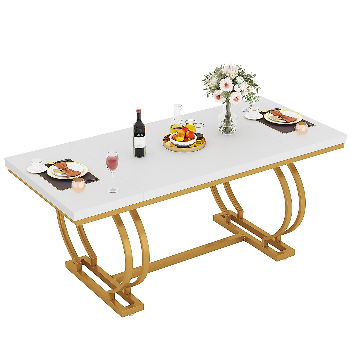 Tribesigns Modern Dining Table, 70.9 inches Wood Dinner Room Table for 6-8 People, Rectangular Kitchen Table with Gold Metal Circular Base for Kitchen, Dining Room, Living Room, White & Gold