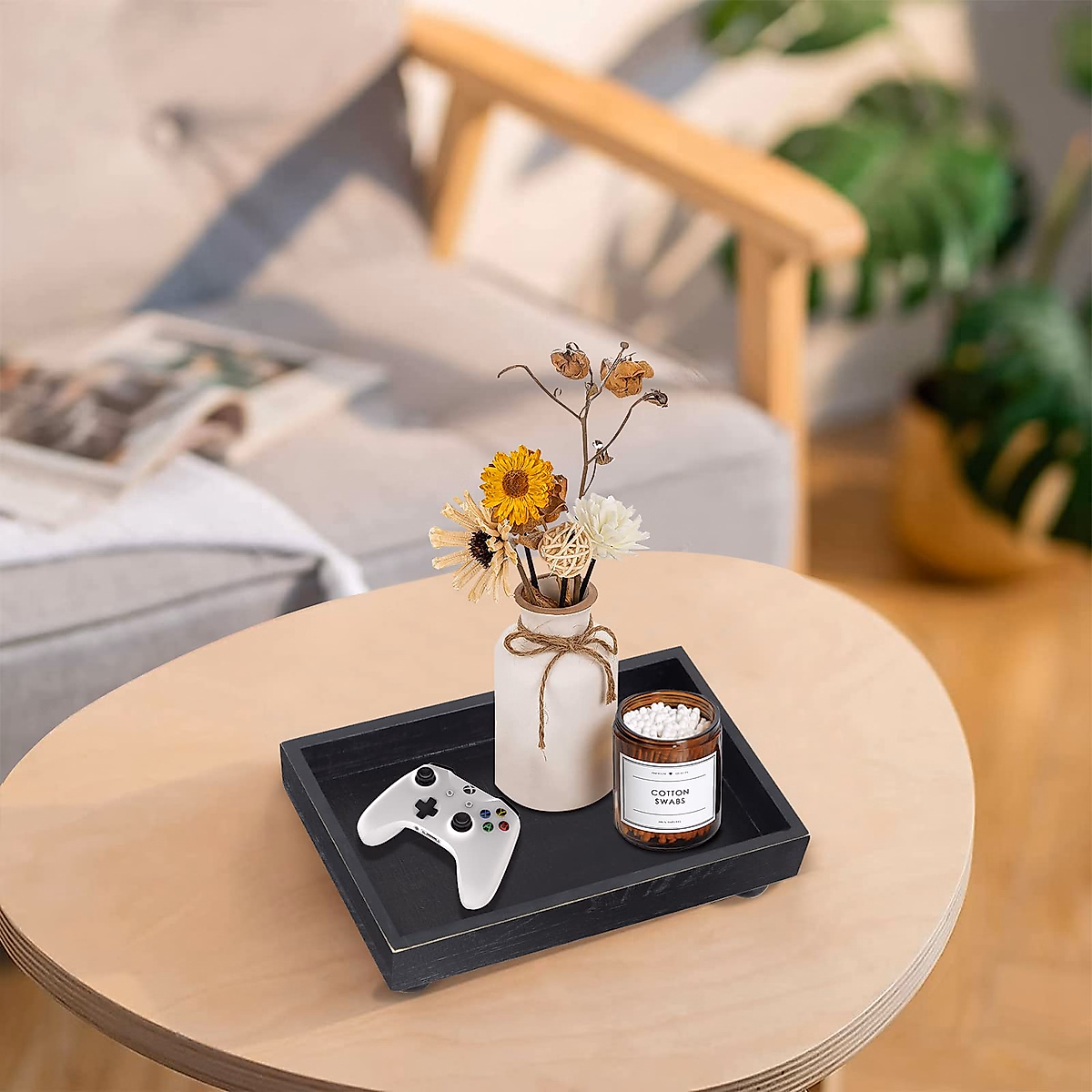 OLLVIA Farmhouse Wood Tray Risers, Distressed Black, Round, 24-Inch