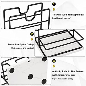 Livabber Napkin Holder with Marble Base, Metal Napkin Holder with Salt and Pepper Shakers Caddy Modern Napkin Dispenser with Spice Condiment Rack for Table Kitchen Countertop (Black)