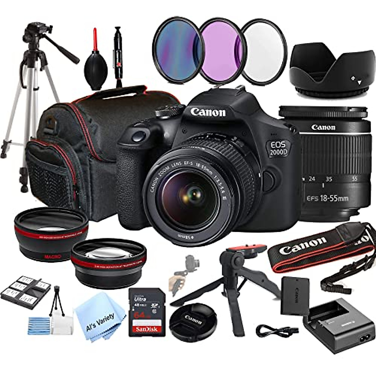 Canon EOS 2000D (Rebel T7) DSLR Camera w/EF-S 18-55mm F/3.5-5.6 Zoom Lens + 64GB Memory + Case + Tripod + Filters (28pc Bundle) (Renewed)
