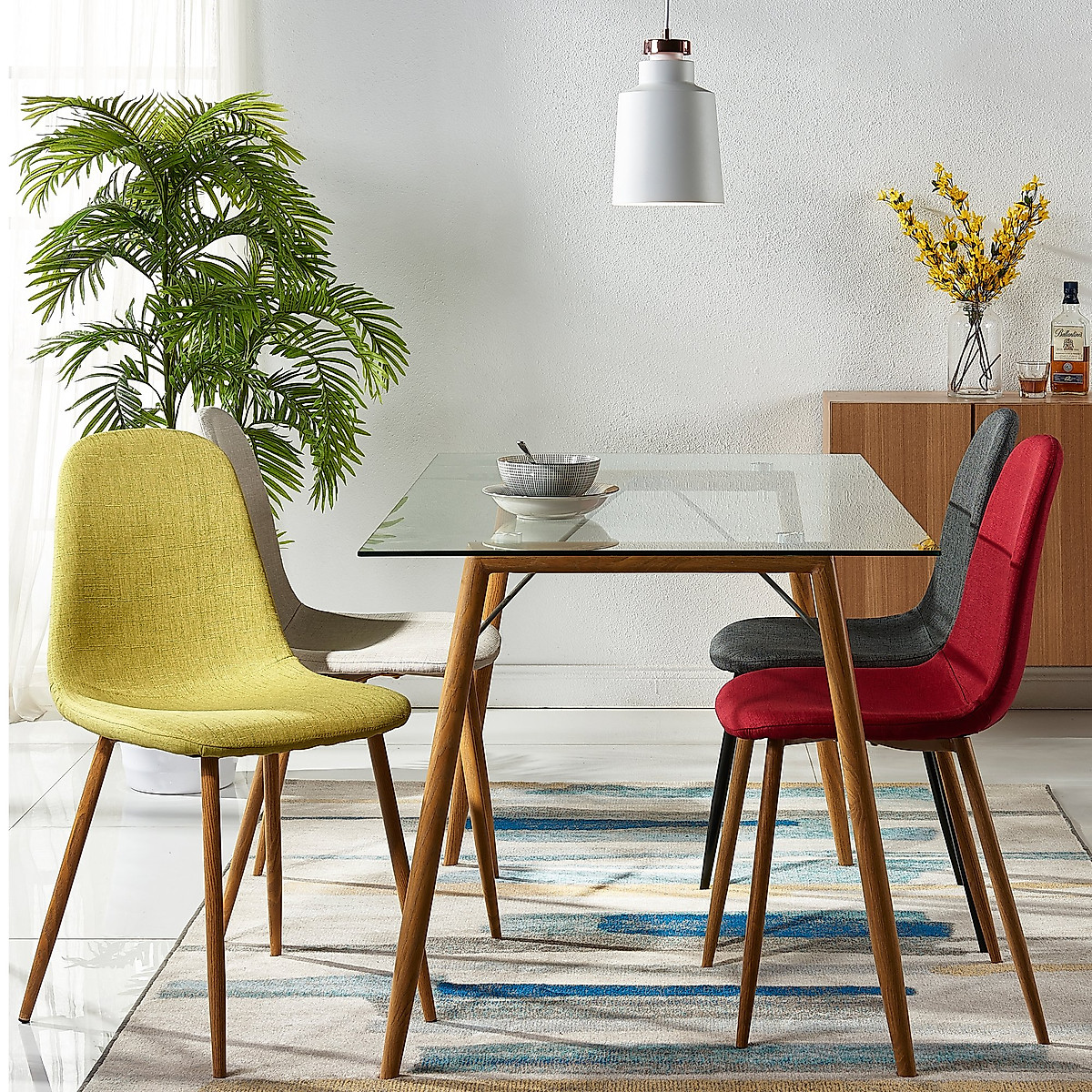 Versanora Minimalista Glass Dining Table Mid-Century Modern Style with Metal Legs for Kitchen Living Room Study Home Office, 30 inch Height, Glass/Wood Grain