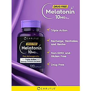 Melatonin 10mg | 120 Capsules | with Ashwagandha | Triple Strength Formula | Non-GMO, Gluten Free Supplement | by Carlyle
