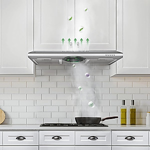 30 inch Under Cabinet Range Hood with Filters, Slim Vent Hood with 3 Speed Exhaust Fan in Stainless Steel Ducted and Ductless Convertible