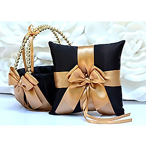 Flower Girl Basket and Ring Bearer Pillow Set Black Gold Wedding Basket Gold Ring Pillow Wedding Ring Pillow Gold Pearl Handle Baske (Black as Picture, 1 Pillow + 1 Basket)