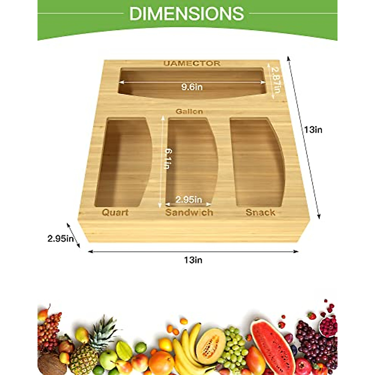 Uamector Bamboo Ziplock Bag Organizer for Drawer, Food Bags Dispenser Plastic Bags Holder for Kitchen, Hanging Baggie Container for Gallon Quart Sandwich or Snack Bag Trash Bags