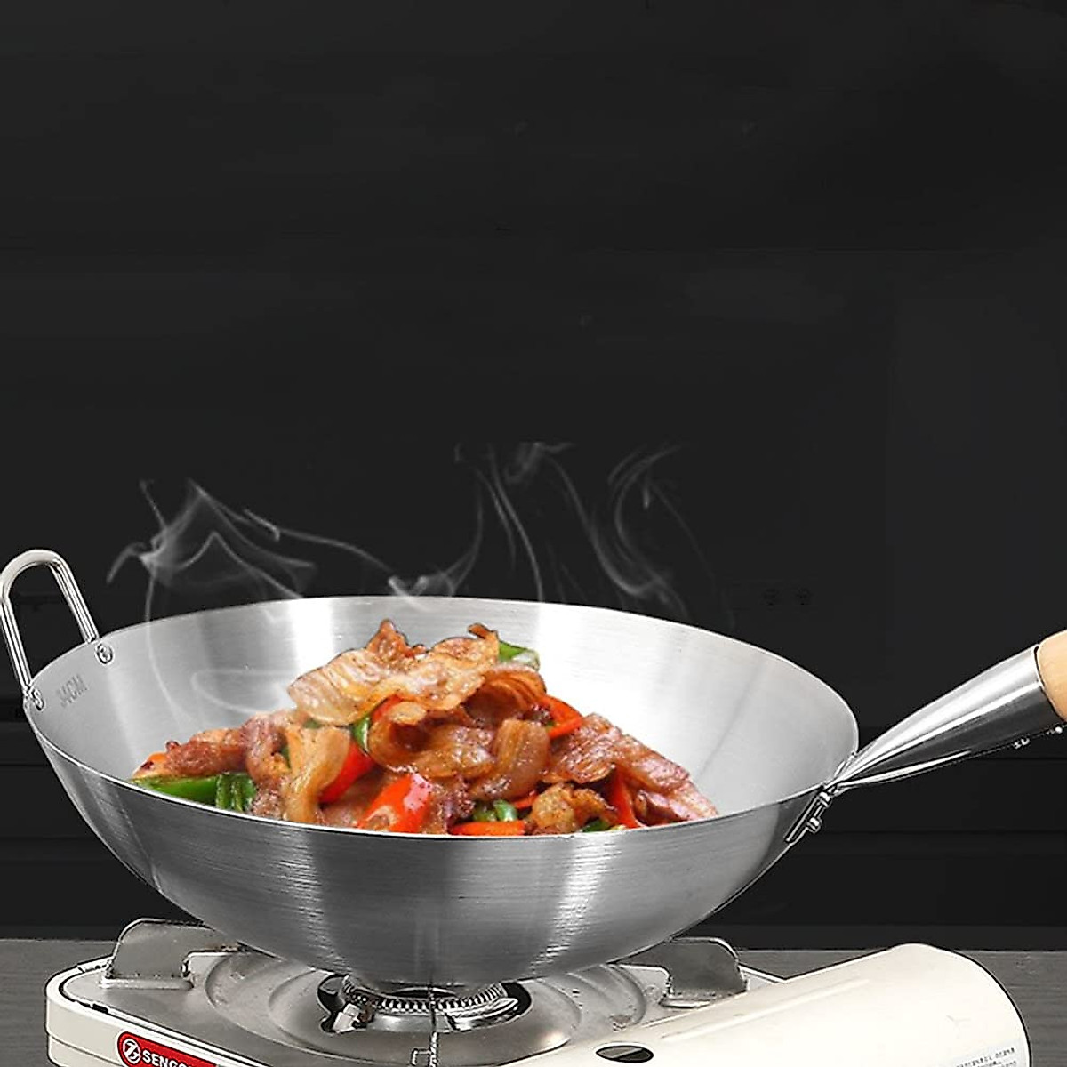 DOITOOL 1pc Stainless Steel Wok with Wood Handle Traditional Hand Hammered Carbon Steel Pow Wok Practical Wok Kitchen Utensil (Silver)