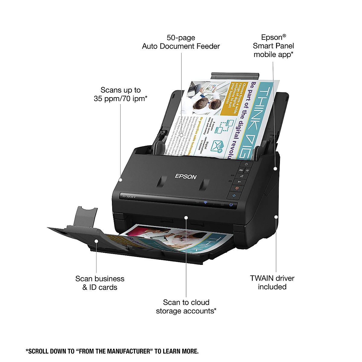 Epson Workforce ES-500W II Wireless Color Duplex Desktop Document Scanner for PC and Mac, with Auto Document Feeder (ADF) and Scan from Smartphone or Tablet (Renewed)