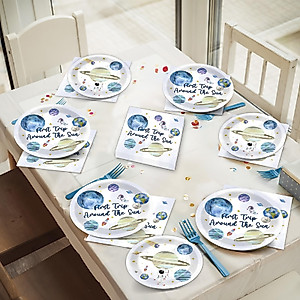 ZOIIWA 200 PCS First Trip Around the Sun Birthday Tableware Disposable 1st Space Party Supplies Outer Space Birthday Party Paper Plates Napkins Forks Baby Shower Party Decoration Serve 50 guest