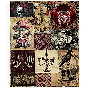 Retro Collage Gothic Blanket Gifts for Girls Boys, Anxiety Rose Skull Butterfly Skeleton Throw Blanket for Adults,Soft Lightweight Flannel Fleece Mushroom Blankets Bedding for Sofa Bed 80x60In