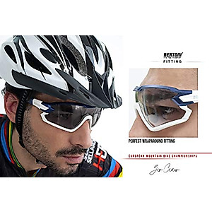 Bertoni Sport Sunglasses Cycling MTB Running Ski Golf Sport Sunglasses Cycling MTB Running Ski Golf Removable Sport Prescription Carrier Included mod. QUASAR (Blue-White/Blue Mirror)