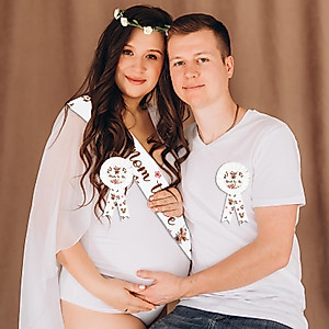 Highland Cow Mom to Be Sash Dad to Be Pin and Flower Crown Headband for Gender Reveals Party Baby Shower Party Favors Decorations for Boys and Girls Pregnancy Props Keepsake