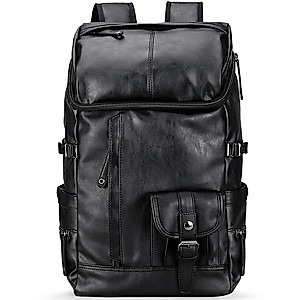 HuaChen Travel PU Leather Backpack for Men Women,Laptop Backpack for School College Bookbag Computer (YZ24_Black)