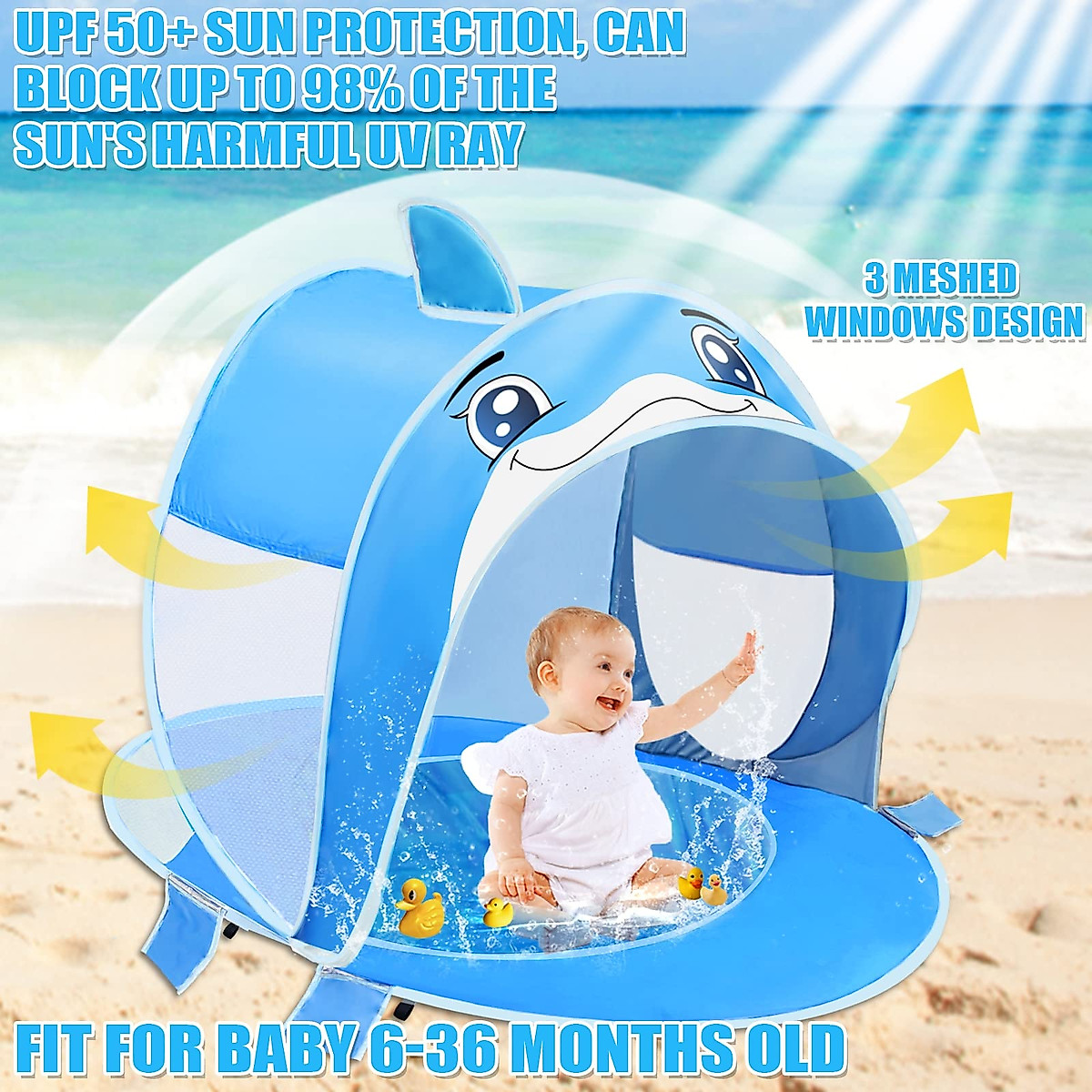 Dolphin Baby Beach Tent with Pool, UPF 50+ UV Protection Pop Up Portable Sun Shade Beach Tent with Sand Pocket, Waterproof Outdoor Sun Shelter for Baby Toddler Age 6-36 Months Baby Essentials