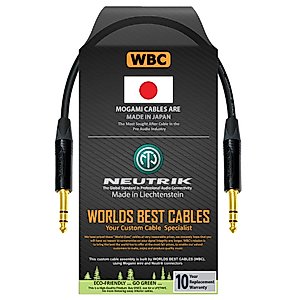 WORLDS BEST CABLES 6 Inch –Quad Balanced Patch Cable CUSTOM MADE using Mogami 2534 wire and Neutrik NP3X-B ¼ Inch (6.35mm) TRS Stereo Phone Plugs