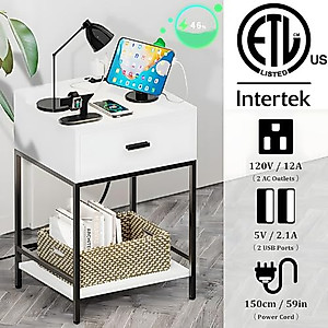 Facofaco White Nightstand with Charging Station and USB Ports, 3-Tier End Table with Wood Drawer Storage Shelf, Tall Small Bed Side Table for Small Spaces Living Room, Bedroom