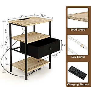 Fun Memories Nightstand with Charging Station, Solid Wood Nightstand, LED Night Stand with Fabric Drawers for Bedroom, Nightstands Bedside Tables with USB Ports & Outlets, Bed Side Table, Set of 1