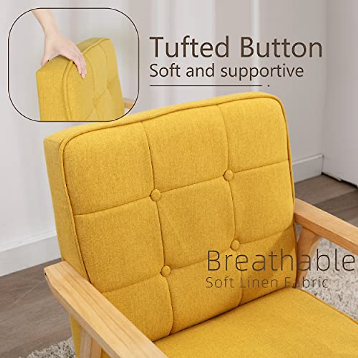 Okeysen Accent Chairs Set of 2, Mid Century Modern Accent Chair, Retro Wood and Fabric Armchairs Side Chair, Lounge Reading Comfy Arm Chair for Living Room, Bedroom, Office (Yellow)