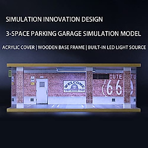 Sikivot 1/24 Scale Car Display Case,Car Model Toy with Parking Lot Scene, Die-cast Car Garage Display Case,2 Parking Space Acrylic Toy Garage with LED Light