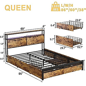HAUSOURCE Queen Bed Frame with Storage Headboard and 4 Drawers LED Lights Metal Platform Non-Slip Without Noise Mattress Foundation Strong Metal Slats Support No Box Spring Needed