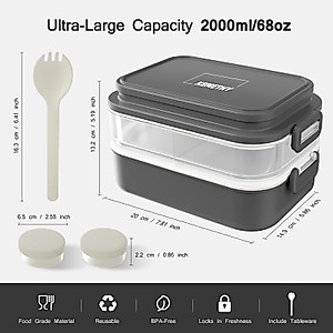 KEMETHY Bento Box Adult Lunch Box, Bento Lunch Box for Adults, Stackable Bento Lunch Containers for Adults, Leak-Proof 2000ML/68OZ Large Capacity Adult Bento Box with Tableware and Sauce Cups, Gray