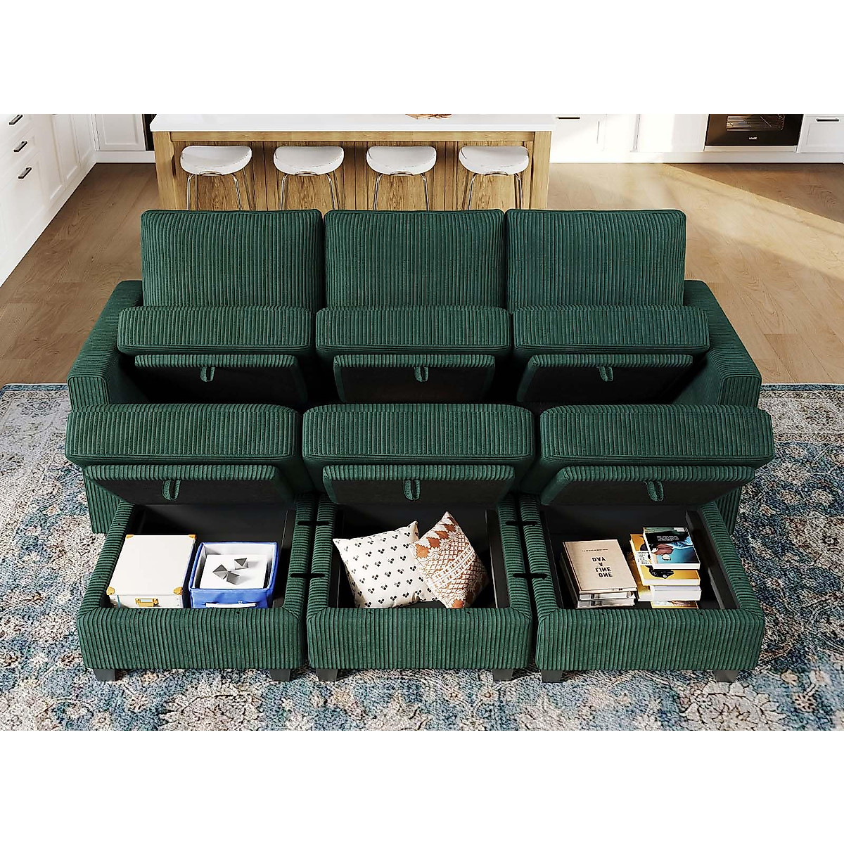Belffin Corduroy Sectional Sleeper Sofa with Storage Ottoman, Modular Luxury Sectional Sofa with Chaise, Convertible Modern Sectional for Living Room, Green