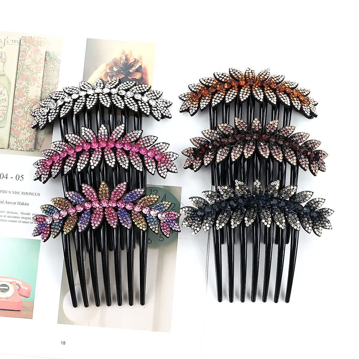 inSowni 6 Pack Luxury Glitter Sparkly Gems Rhinestones Crystals leaf Black Plastic Decorative Hair Side Combs French Twist Slides with Long Teeth Hair Bun Updo Accessories Hairpins Barrettes Clips for