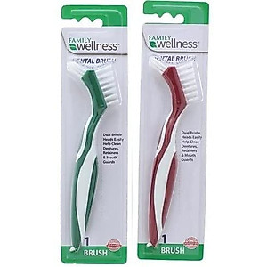 2-Pack Family Wellness Denture Cleaning Brush, Dual Bristle Heads, with Deep Clean Pick, Assorted Colors