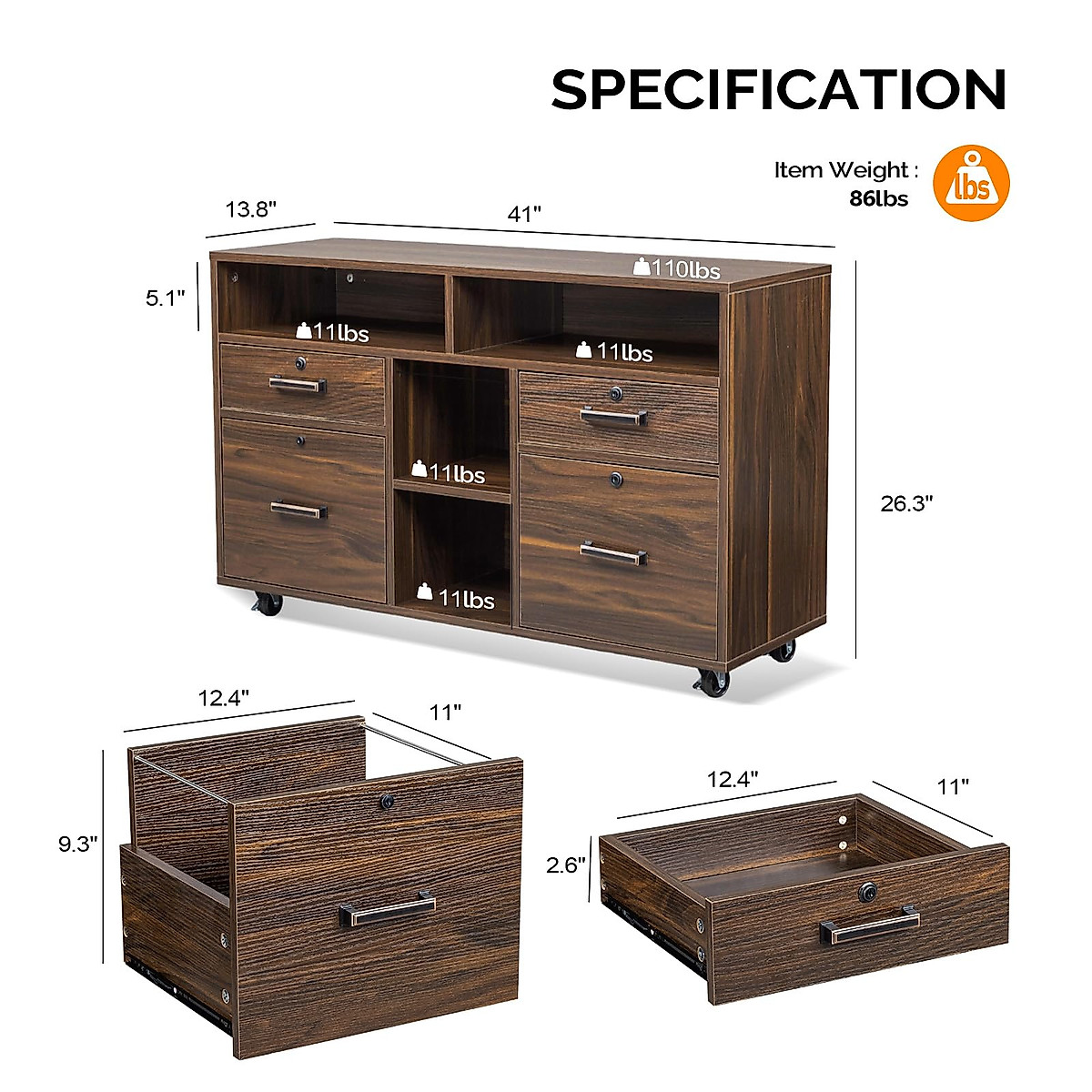 VINGLI Wide 4 Drawer File Cabinet with Lock, Wood Lateral File Cabinet with Open Shelves, Lockable Rolling File Cabinets for Home Office, Dark Brown File Cabinet Printer Stand, Letter Sized