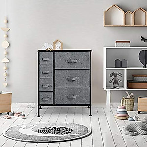 Yaheetech 7 Drawers Tower, Storage Organizer, Fabric Tower Unit for Living Room, Hallway, Entryway, Sturdy Metal Frame Easy Pull Fabric Bins, Dark Gray