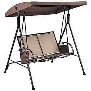 Tangkula 2-Person Patio Swing, Outdoor Porch Swing with Adjustable Canopy & 2 Storage Pocket, Powder-Coated Steel Frame Canopy Swing with Armrest for Garden, Balcony, Backyard
