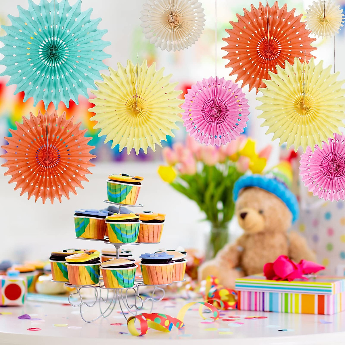 SUNBEAUTY Pack of 11 Peach Pink Yellow Mint Green Hanging Honeycomb Round Paper Fans for Birthday Baby Shower Bachelorette Anniversary Wedding Photo Booth Backdrop Party Decoration