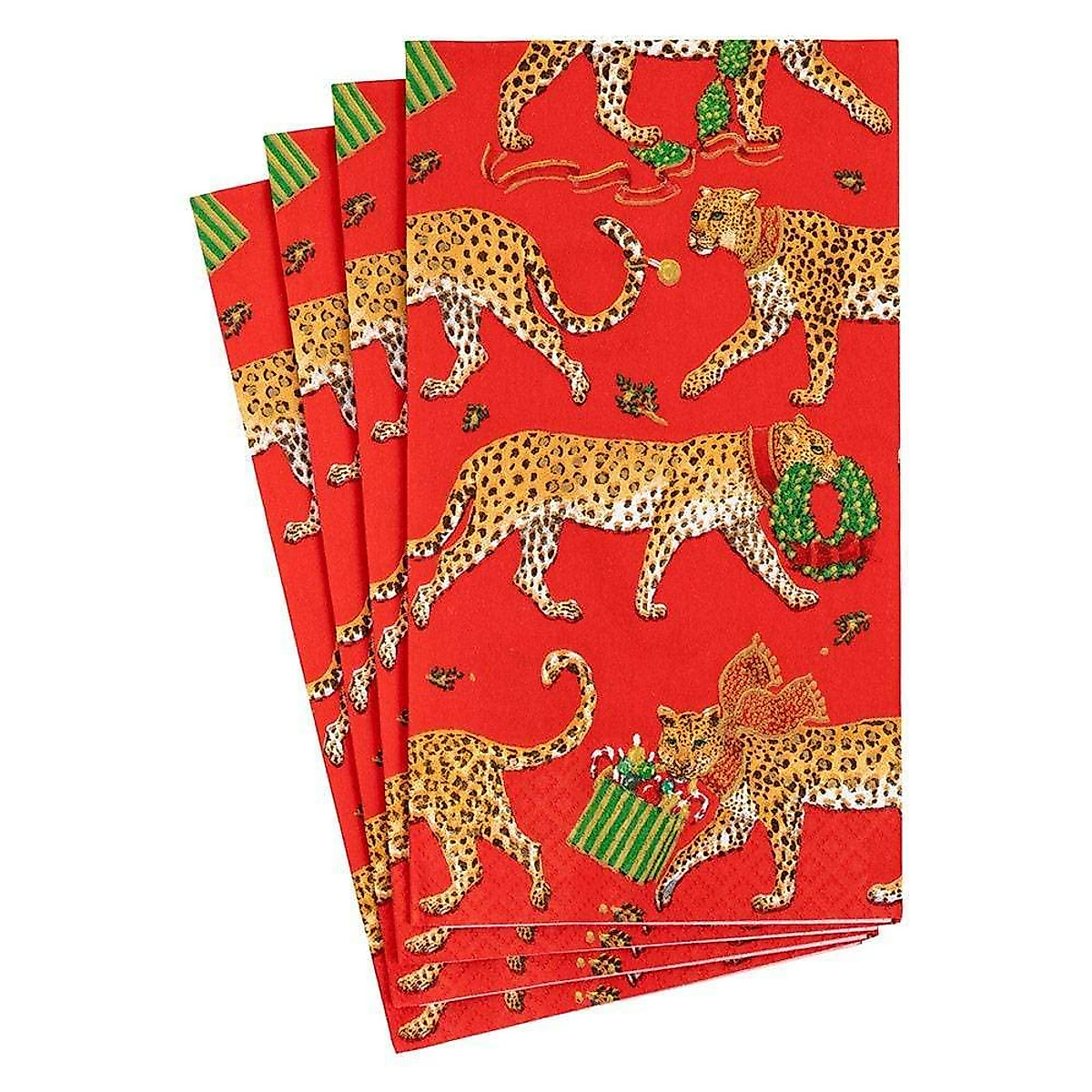 Caspari Christmas Leopards Paper Guest Towel Napkins in Red - Two Packs of 15