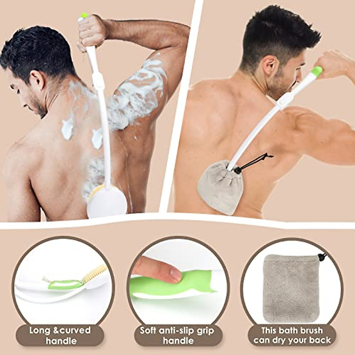 Back Shower Brush for Men and Women, Bath Brush with Quick Dry Wrap, 23.5" Foldable Extra Long Handle Curved Body Cleaning Back Scrubber, Suitable for Elderly,Disabled,Seniors,Pregnant - LYIGEOL