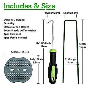 Bakulyor 50pcs Green Artificial Turf Stakes Staples + 50pcs Buffer Washer, 6 Inch 11 Gauge Landscape Staples, Galvanized Lawn Spikes, Heavy Duty Yard Ground Pin for Grass Weed Barrier Sod Fabric