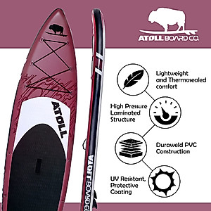 Atoll Inflatable Paddle Board with Premium SUP Stand Up Paddle Board Accessories & Back Pack, Non-Slip Comfort Deck for Unisex Adult - 11ft (Burgundy)