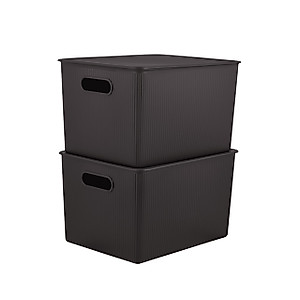 Superio Ribbed Collection - Decorative Plastic Lidded Home Storage Bins Organizer Baskets, X-Large Brown (2 Pack - 22 Liter) Stackable Container Box, for Organizing Closet Shelves Drawer Shelf