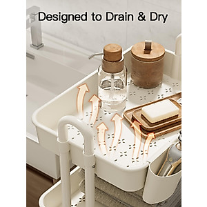 Pipishell 4-Tier Rolling Cart, Utility Cart with Lockable Casters, PP Plastic Storage Baskets, Hanging Cups & Hooks, Rolling Cart for Living Room, Bedroom, Kitchen, Bathroom, Art Studio(White)