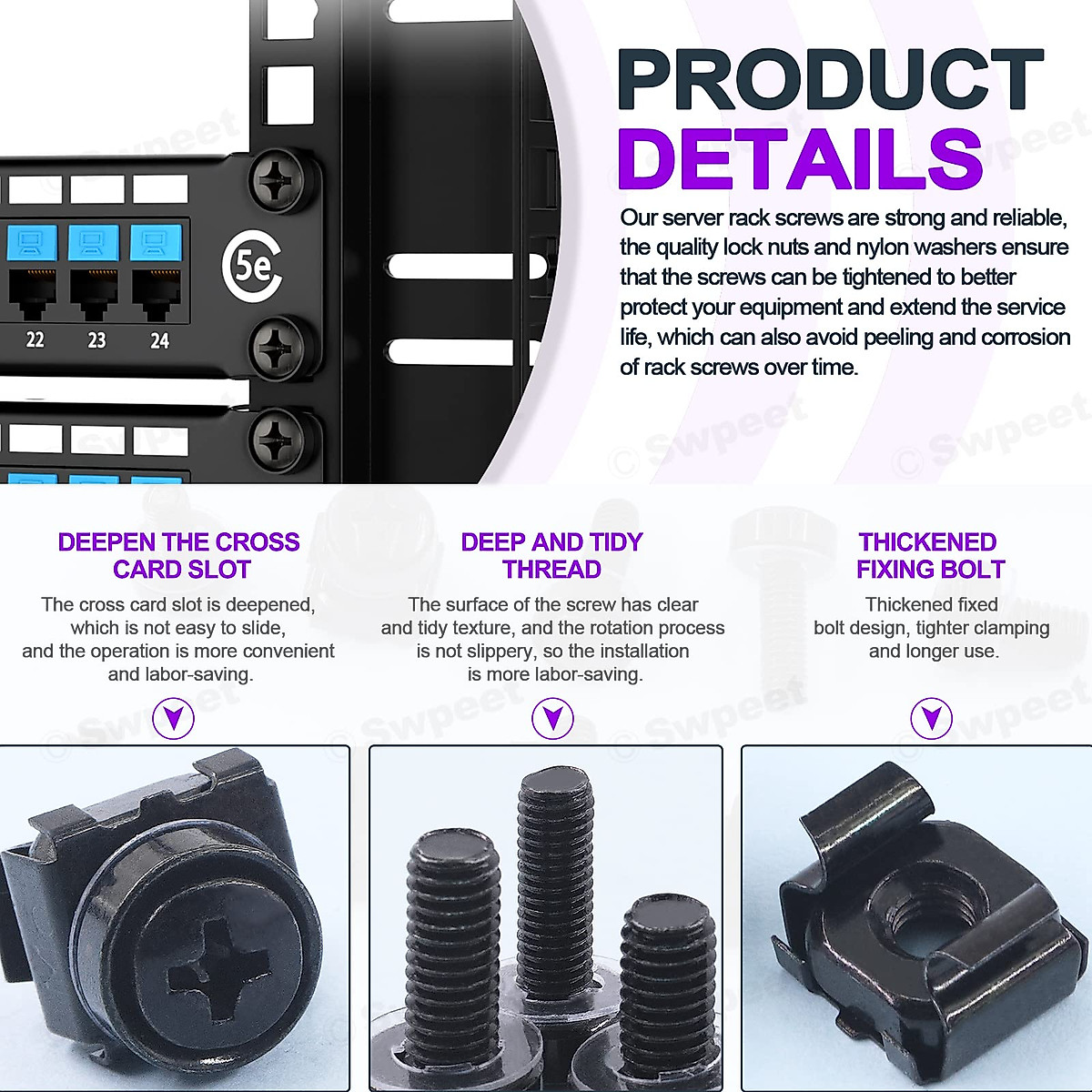 Swpeet 80Packs 4 Sizes M5 M6 Black Computer Mount Cage Nuts and Screws with Metal & Plastic Washers Assortment Kit, Square Hole Hardware Cage Nuts & Mounting Screws Washers