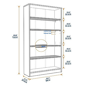 5-Shelf Wood Bookcase Freestanding Display Bookshelf for Home Office School (Grey,11.6" Depth*33" Width*59.8" Height)