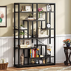 Tribesigns Black Bookshelf 47” Bookcase 9 Tier Tall Book Shelf Rustic Geometric Bookcase Display Shelf Organizer with Open Storage Shelf for Living Room, Industrial Wood Metal Bookshelf for Office