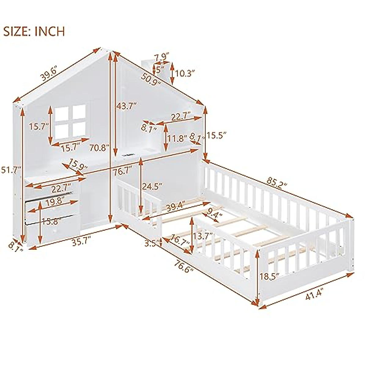 BOVZA Wooden House Montessori Floor Twin Bed for Kids with Window and Bedside Drawers, Platform Bed with Shelves and a Set of Sockets and USB Port, White